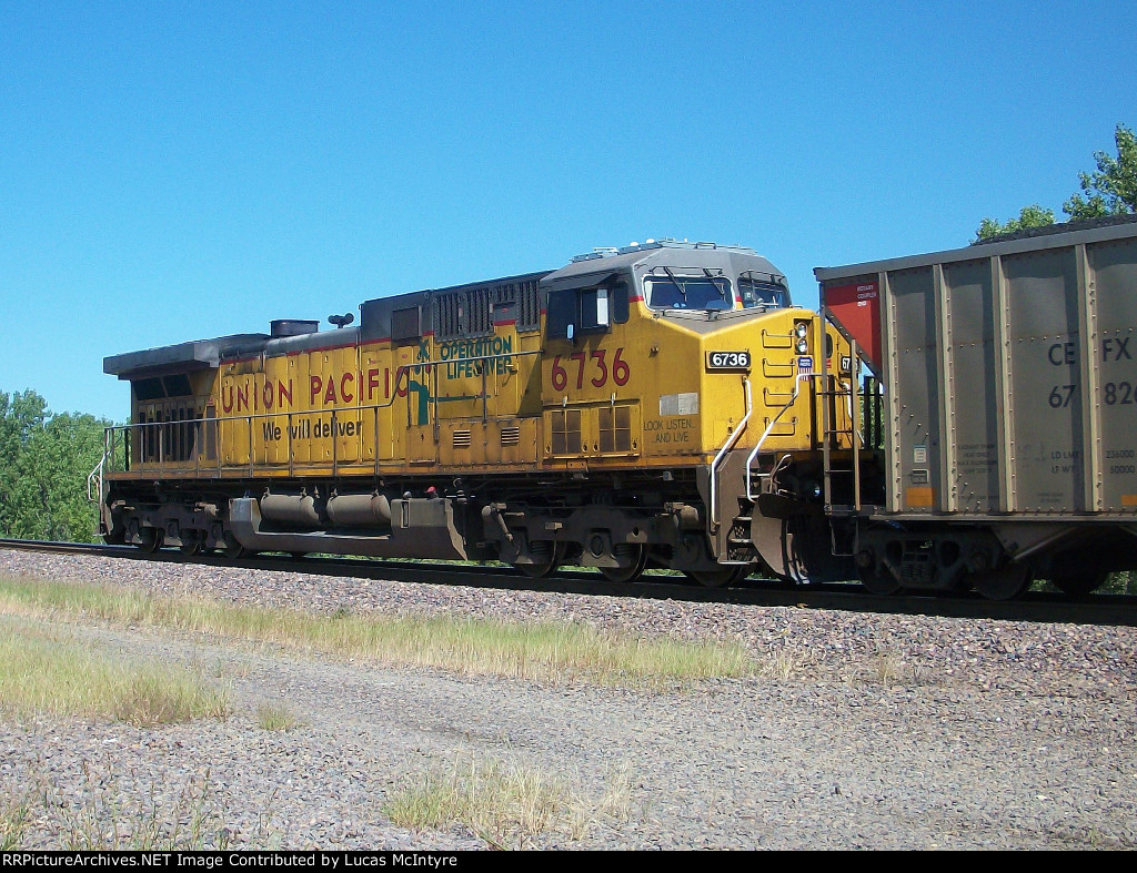 UP 6736 DPU on eastbound UP loaded coal train